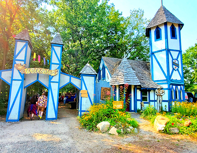 Welcome to Ye Olde Time Machine! This enchanting entrance whisks you away to a world where "medieval" and "air conditioning" coexist harmoniously.