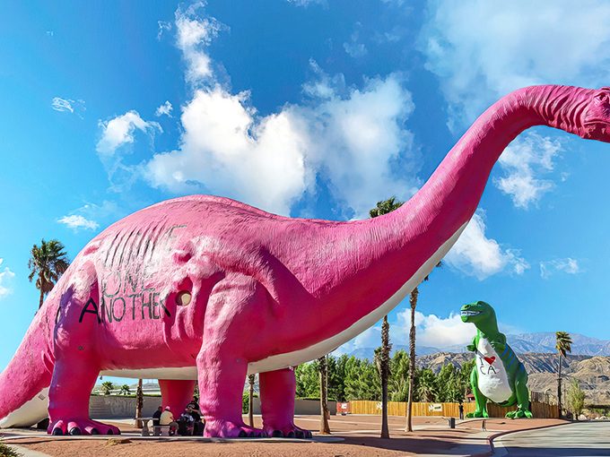 Jurassic Park meets Barbie's Dream House! This hot pink dino is serving prehistoric realness with a side of California cool.