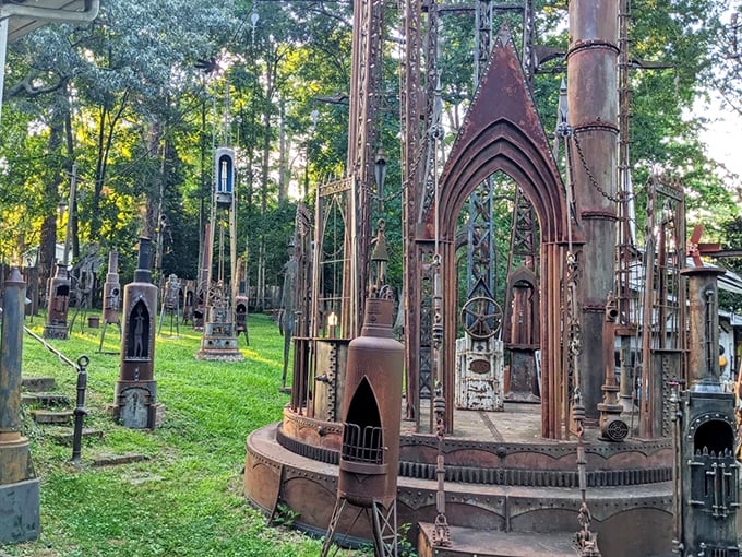 Welcome to the land of metal and magic! This rusty sentinel stands guard, a whimsical greeter with a skull that's all smiles