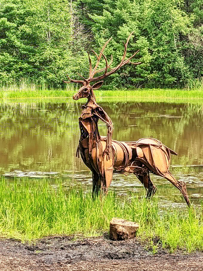 "Oh deer, what do we have here?" This majestic metal stag stands proudly in the water, proving that even Wisconsin's wildlife has a flair for the dramatic.