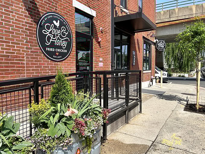 A beacon of crispy goodness in the night! Love & Honey's storefront promises a fried chicken adventure that'll make your taste buds do a happy dance.