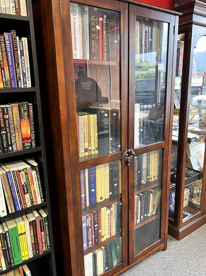 Books so precious, they're under glass. This antique bookshelf is the Fort Knox of esoteric knowledge.