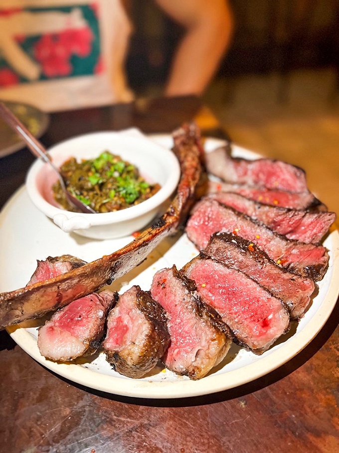 This bone-in ribeye is so perfectly cooked, it could make a vegetarian weep. It's the Mona Lisa of meats, folks.