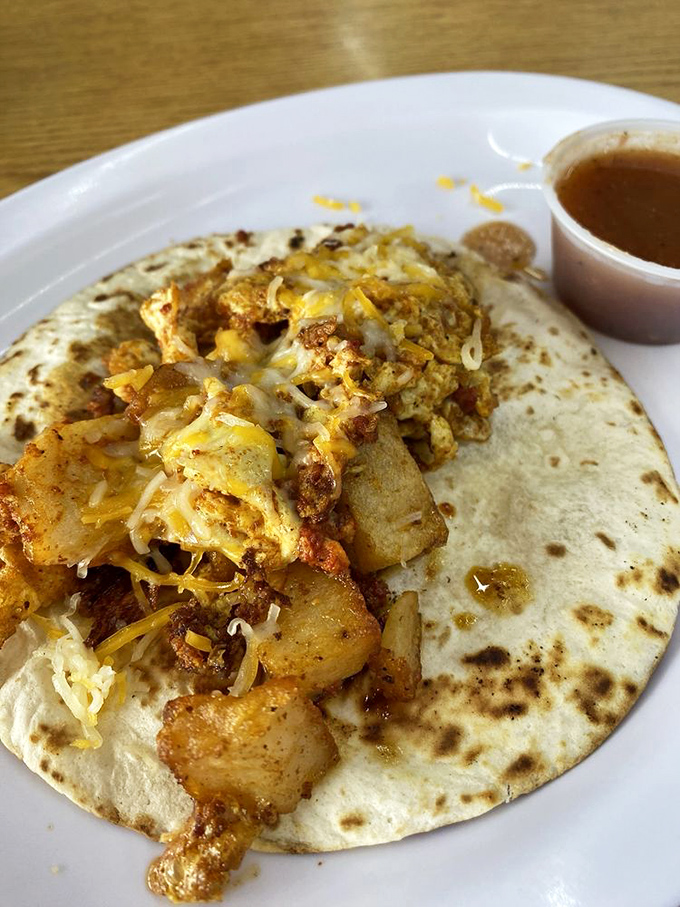Chorizo's spicy serenade wrapped in a tortilla hug. This taco isn't just breaking fast - it's shattering expectations of what breakfast can be.