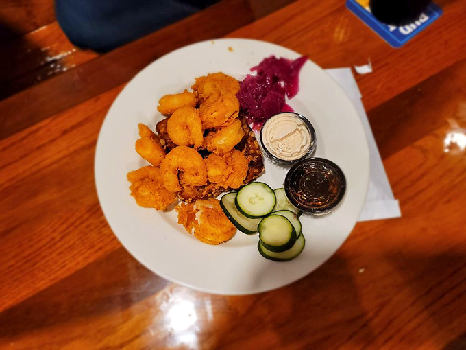 Golden-fried shrimp perfection. These crispy crustaceans are so good, you'll be tempted to order them by the bucketful.