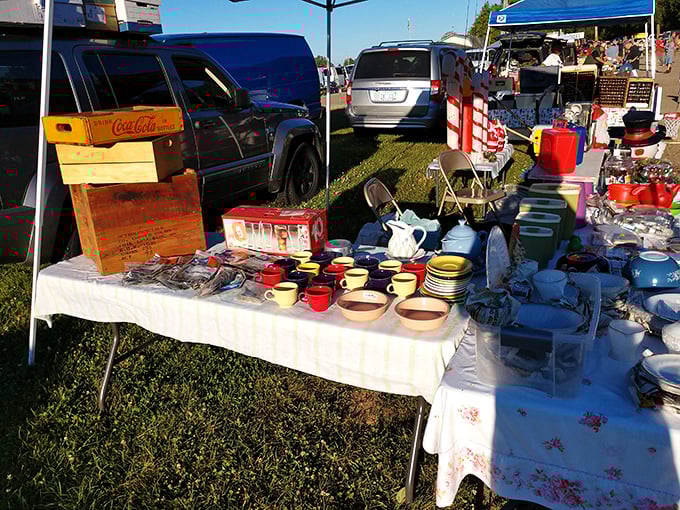 Fifty shades of vintage kitchenware! This colorful spread of cups and bowls is like a rainbow explosion in your grandma's cupboard.