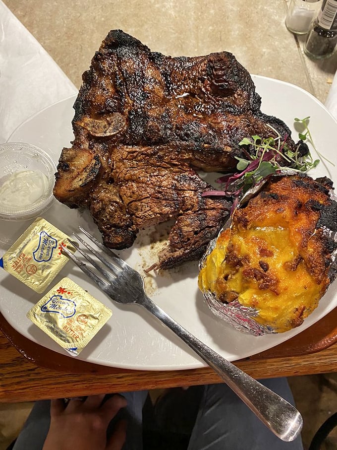 Holy cow! This porterhouse steak is so massive, it might need its own area code.