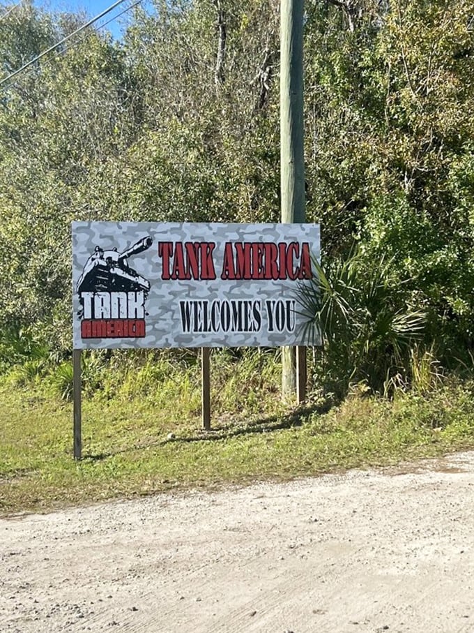"Tank America Welcomes You" - because nothing says "Florida vacation" quite like commandeering a piece of military hardware.