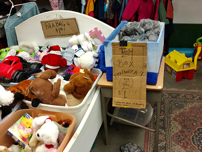 Stuffed animals and board games galore. It's like Toy Story came to life in a thrift store!