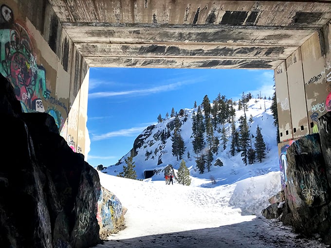 From darkness to light! This view from the tunnel is like emerging from a time machine into a postcard-perfect landscape.