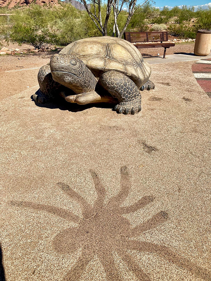 Meet the park's unofficial greeter! This bronze tortoise is always ready for a photo op, though he's a bit slow on the high-fives.