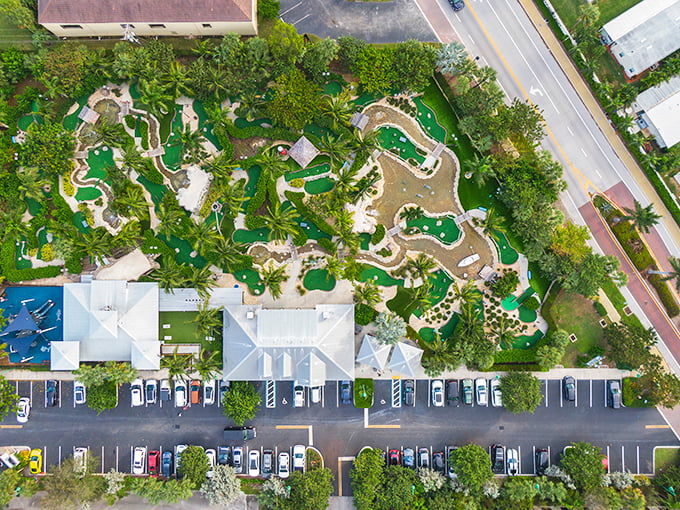 A bird's-eye view of mini-golf heaven. It's like Where's Waldo, but with putters and palm trees.
