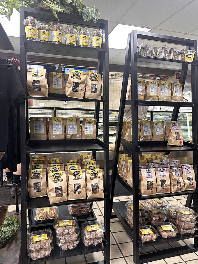 A tower of temptation! These display racks are like a game of Jenga, but instead of wooden blocks, it's stacks of irresistible treats.