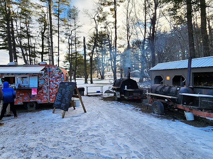 Winter wonderland of BBQ! Even in the snow, this food truck's smoky aroma can melt any Mainer's heart.