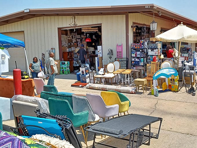 Mid-century modern meets eclectic chic. This furniture booth is like "Mad Men" collided with a rainbow &ndash; in the best way possible.