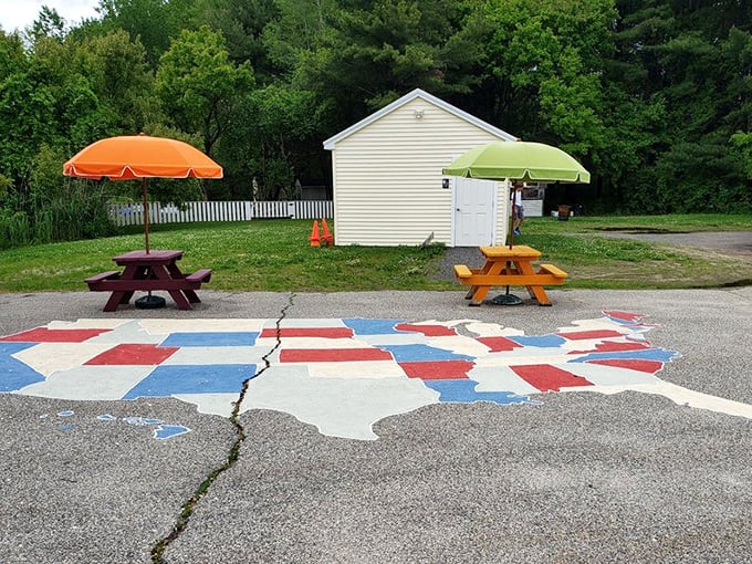 Outdoor dining with a side of Americana. Enjoy your treats on this quirky map-turned-patio &ndash; geography never tasted so sweet! 