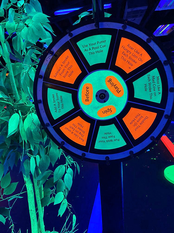 Spin the wheel of golfing fate! It's like Wheel of Fortune met mini-golf and had a neon baby.