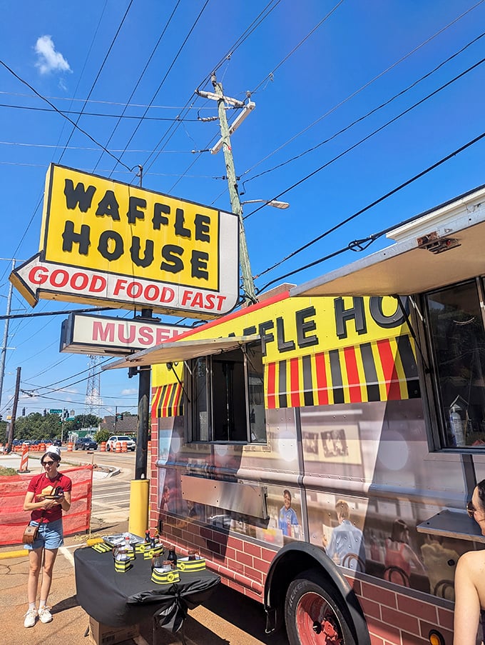Waffle House on wheels! This food truck brings the magic of scattered, smothered, and covered to the streets.