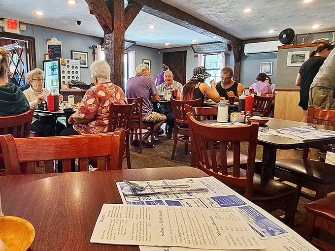 Breakfast club in session! These happy diners look like they're solving the world's problems, one bite at a time.