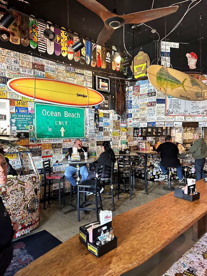 Where strangers become friends over burgers. This lively dining room is the perfect spot for swapping surf stories and sauce-wiping techniques.