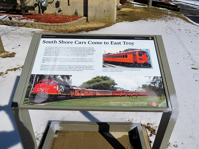 History lesson on wheels! This informative sign proves that learning can be as smooth as a train ride on freshly laid tracks.