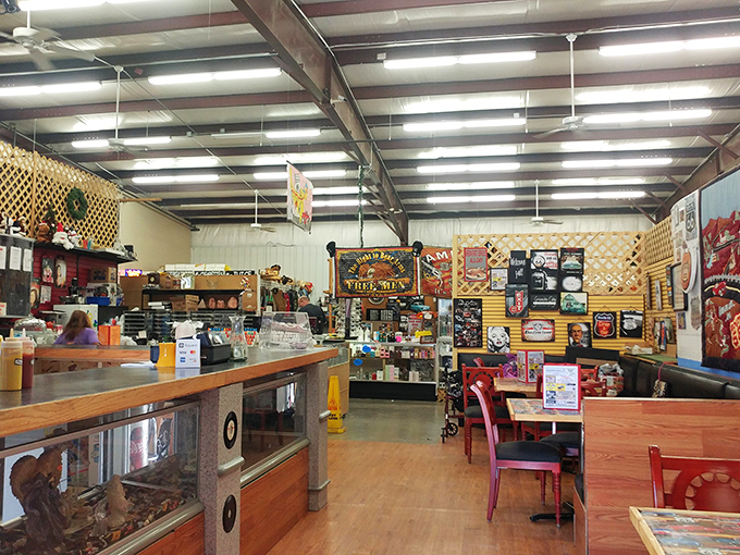 Retro feast for the eyes: This interior shot is a smorgasbord of vintage delights. It's like your cool grandma's attic, but with better organization and air conditioning.
