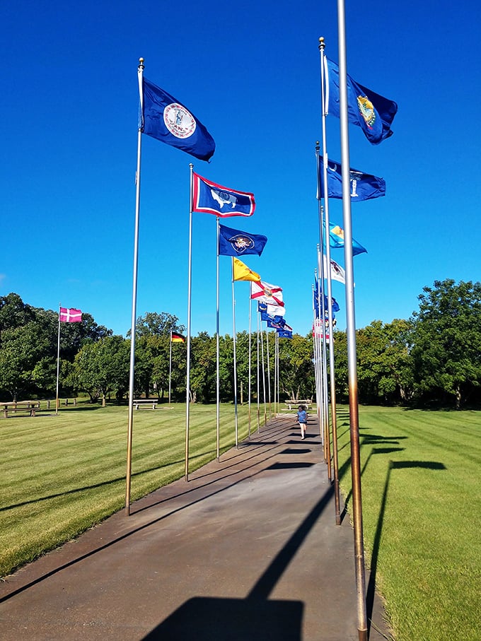 A path to greatness, lined with flags. It's like the yellow brick road, but it leads to a giant crow instead of Oz.