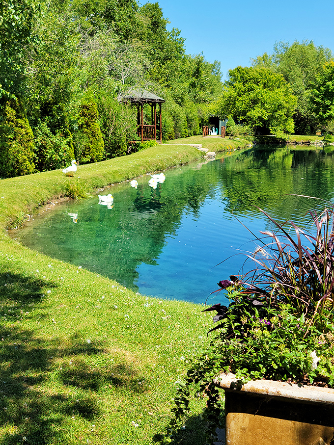 Serenity now! This picturesque pond, complete with gazebo, is the perfect spot for contemplating life's big questions &ndash; or just enjoying the view.