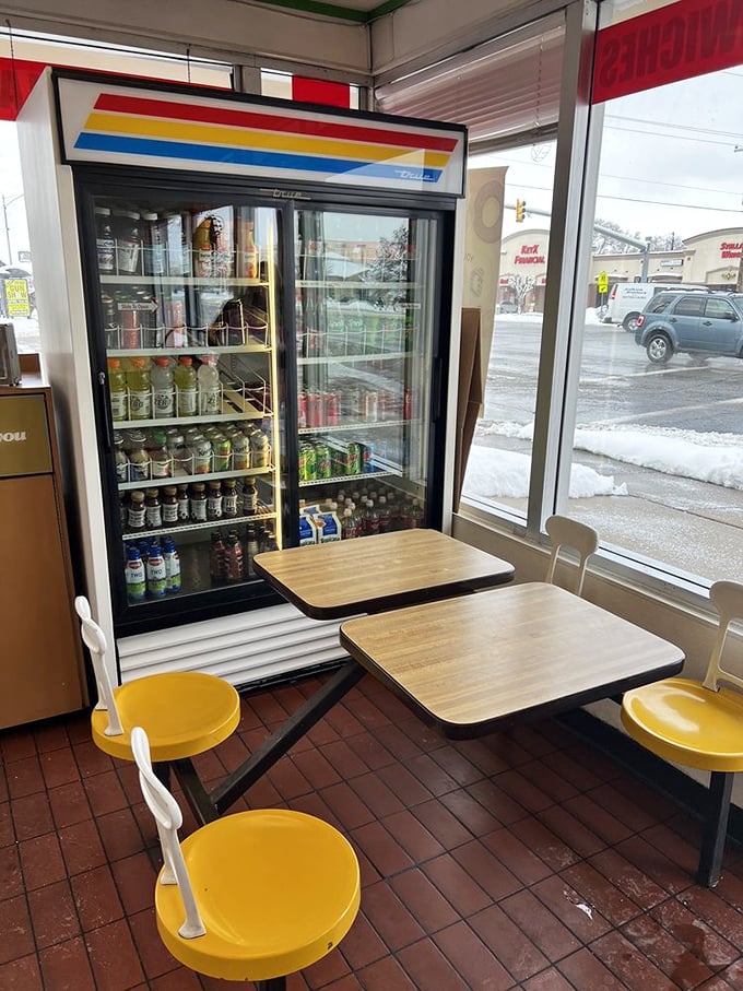 Pull up a chair and stay awhile. These sunny yellow seats are perfect for contemplating life's big questions, like "Sprinkles or no sprinkles?"