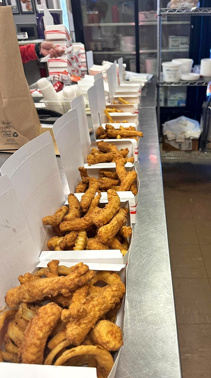 Assembly line of deliciousness! KP's takeout game is strong, proving that good things come in paper packages.