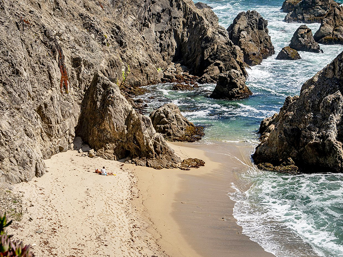 Discover your perfect hidden beach nestled among the rugged coastal rocks; enjoy the sun and the stunning ocean views.