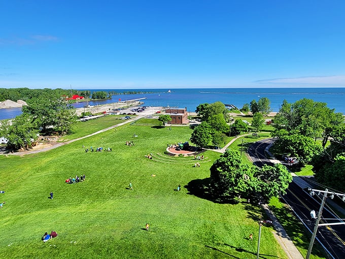 Where green meets blue in perfect harmony. This sprawling lawn is nature's welcome mat, inviting you to picnic, play, or simply soak in Lake Erie's majesty.