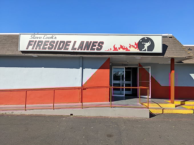 Is it a sunset or Fireside Lanes? Either way, this view promises a golden evening of bowling bliss.