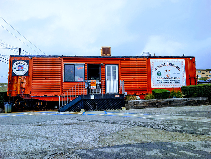 Beach, BBQ, and a bright orange train car. Gorilla Barbeque is the Wes Anderson film of the BBQ world.