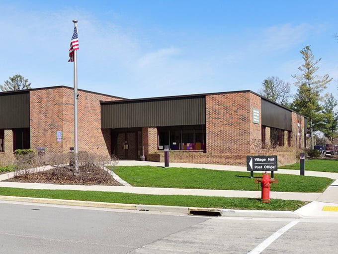 Notice the classic brick architecture and sense the civic pride under the clear, bright, sunny sky.