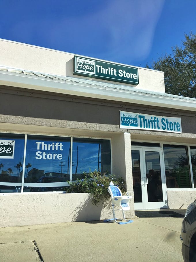 Blue skies, green signs, and endless possibilities. This thrift store is serving up slices of affordable paradise!