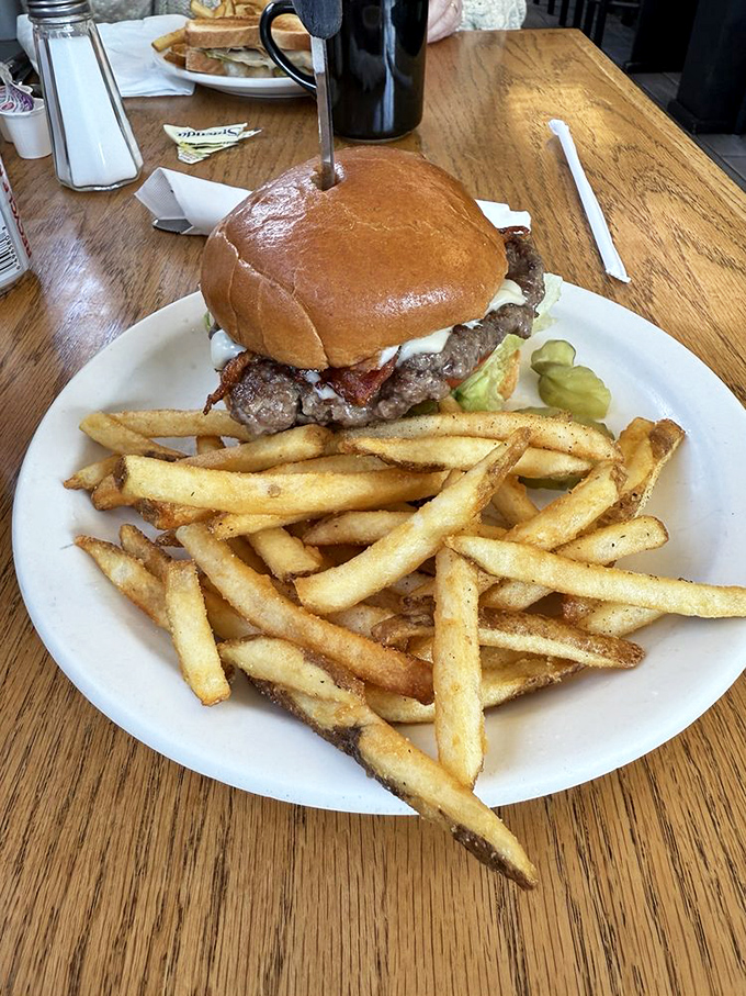A burger that requires a jaw workout, paired with fries that could make a Frenchman weep. Diner perfection on a plate!