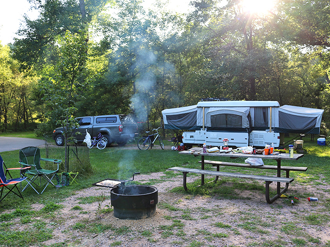 Camping, New Ulm style: Where "roughing it" means your bratwurst isn't perfectly grilled. S'mores and sauerkraut, anyone?