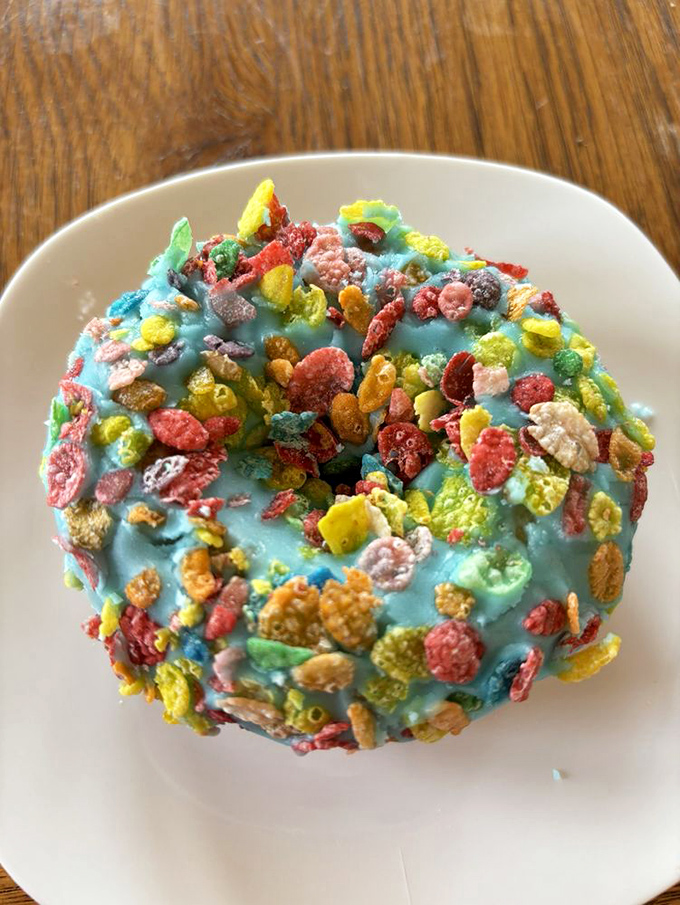 Technicolor temptation! This Fruity Pebbles masterpiece is what happens when breakfast cereal grows up and decides to party.