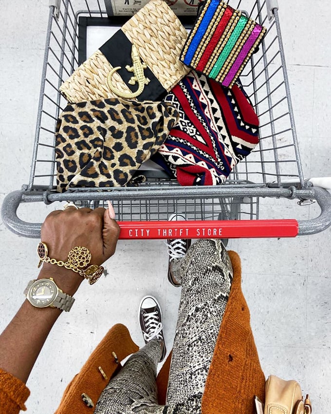 "One person's trash is another person's... eclectic fashion statement." A shopping cart full of potential, from leopard print to tribal patterns.