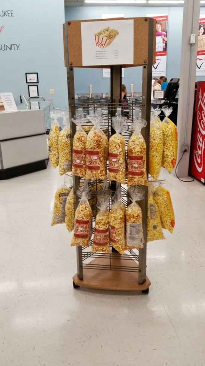 Popcorn paradise! Because nothing says "successful shopping trip" like a bag of freshly popped kernels to munch on.