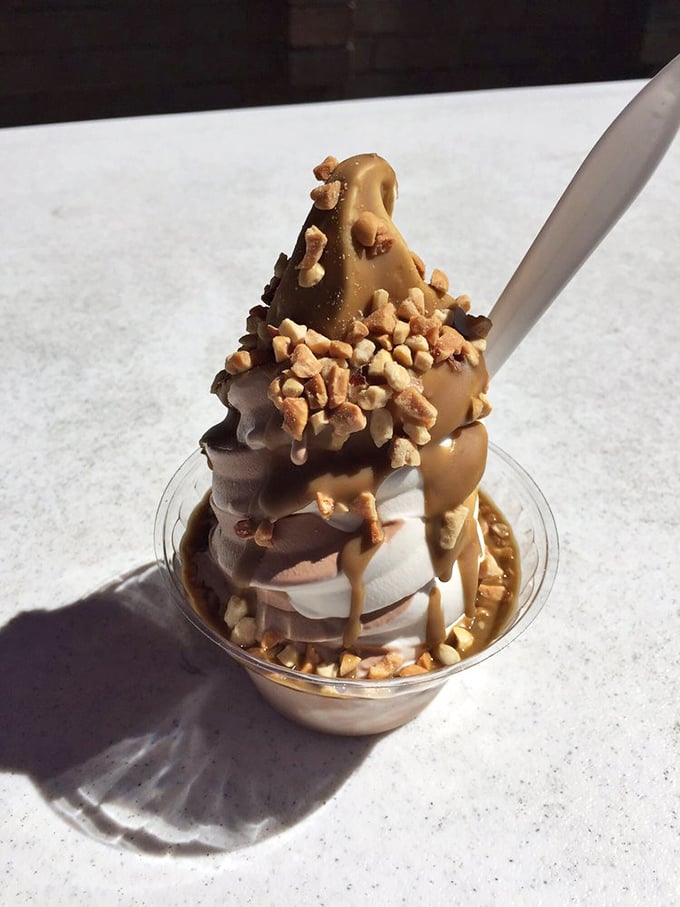Triple threat! Vanilla, butterscotch, and peanuts join forces in this cone. It's the Avengers of the ice cream world.
