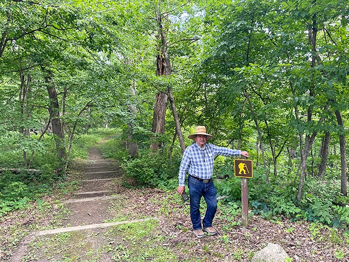 "Even the locals can't resist playing tour guide." A friendly visitor points the way, embodying Iowa's welcoming spirit.