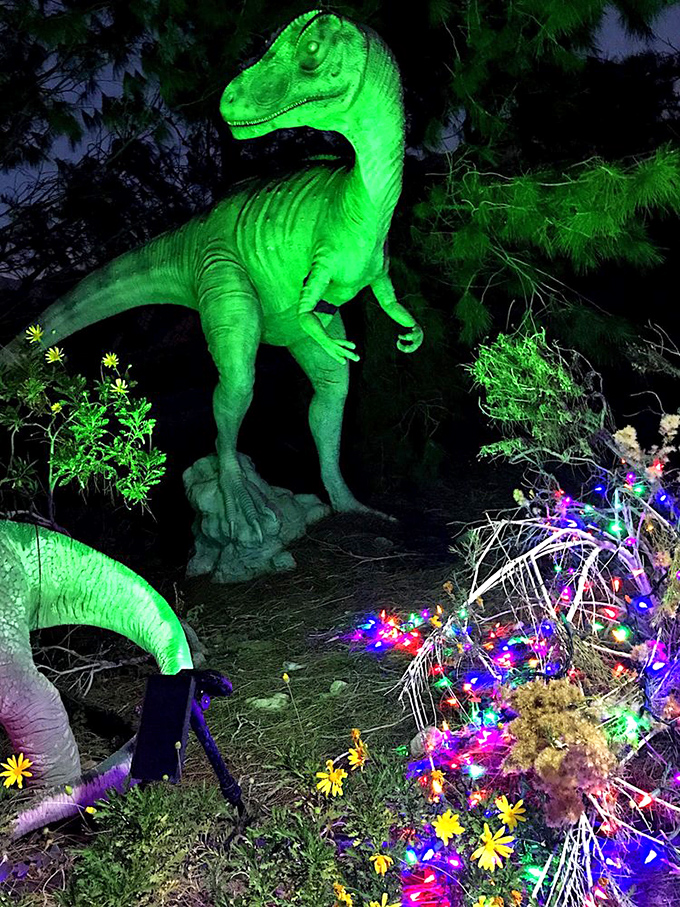 Night at the Museum, Cabazon style! This neon dino lights up the night like a prehistoric disco ball.