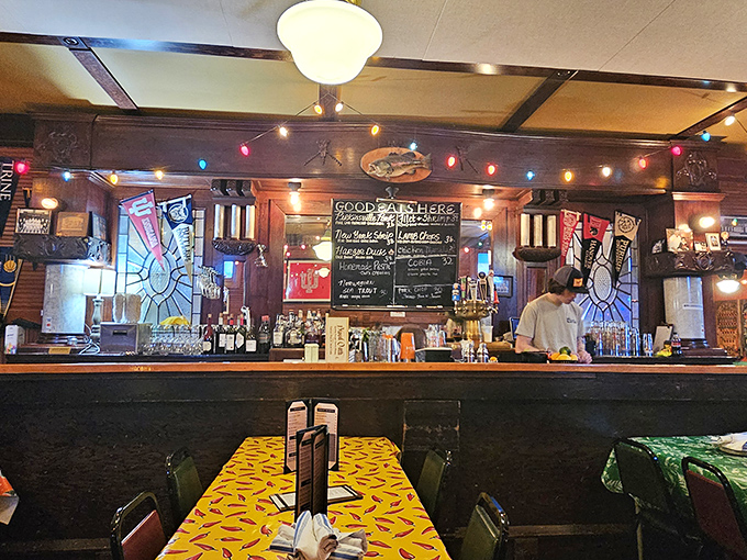 The bar at Bonge's: where spirits are high, both in bottles and in patrons. It's the kind of place where everybody knows your name... or at least your drink order.