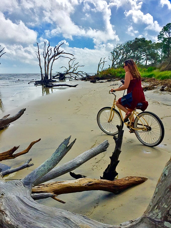 Pedal pusher's paradise: This cyclist proves that the best way to navigate Driftwood Beach might just be on two wheels.