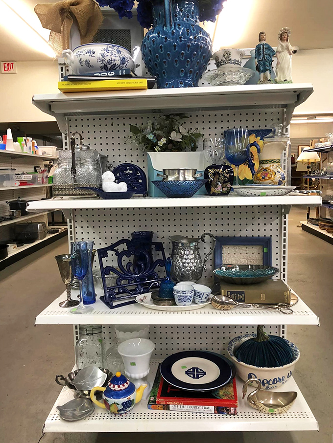 Feeling blue? This display might be the cure! From vases to vintage finds, it's a symphony in cerulean that would make Picasso's blue period jealous.