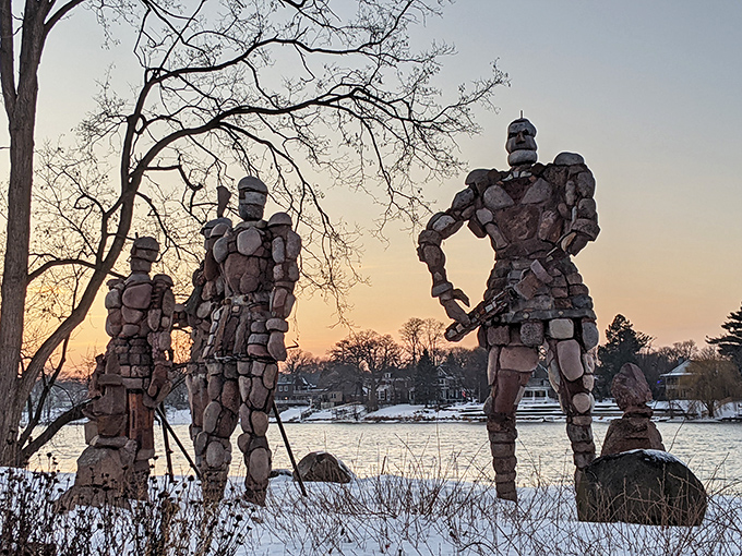 "Winter wonderland meets stone-age sentinels. These guys don't need scarves - they've got faces of stone!"