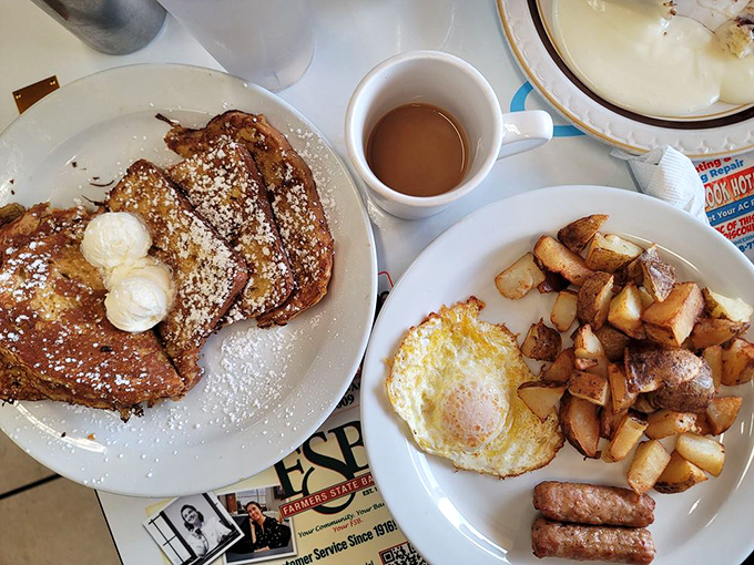 French toast that puts the "ooh la la" in breakfast! Paired with eggs and sausage, it's a plate that says "Good morning" in the tastiest way possible.