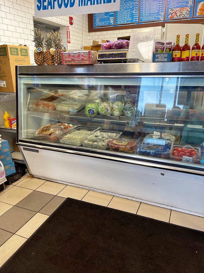 Fresh catches galore! This display case is the seafood lover's version of a kid in a candy store.